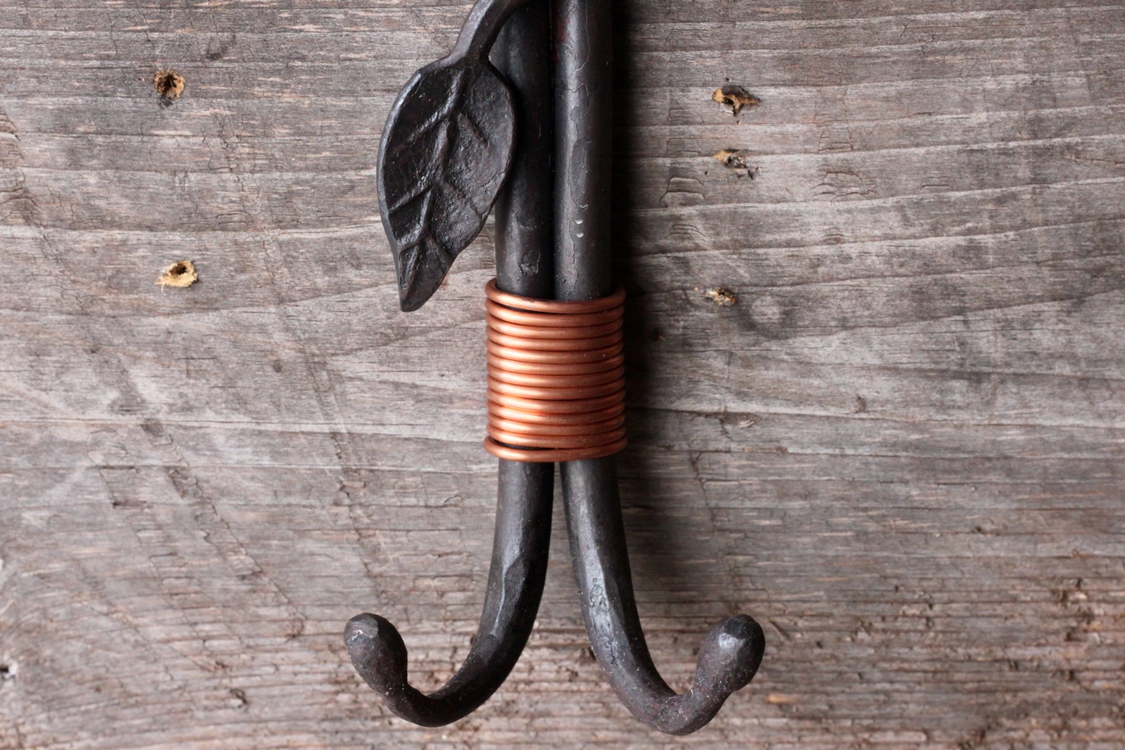 Steel and Copper Double Wall Hook - Leaf and Vine– Wicks Forge